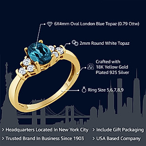 Gem Stone King 18K Yellow Gold Plated Silver London Blue Topaz and White Topaz Ring For Women (0.79 Cttw, Oval Gemstone Birthstone, Available In Size 5, 6, 7, 8, 9)
