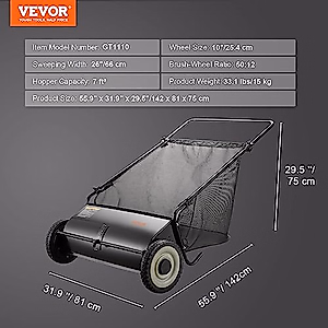 VEVOR Push Lawn Sweeper, 26 Inch Leaf & Grass Collector, Strong Rubber Wheels & Heavy Duty Thickened Steel Durable to Use with Large Capacity 7 ft³ Mesh Collection Bag, 4 Spinning Brushes