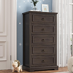 HOSTACK 5 Drawer Tall Dresser, Modern Farmhouse Chest of Drawers, Wood Dressers Organizer, Accent Storage Cabinet for Living Room, Hallway, Home Office, Dark Brown