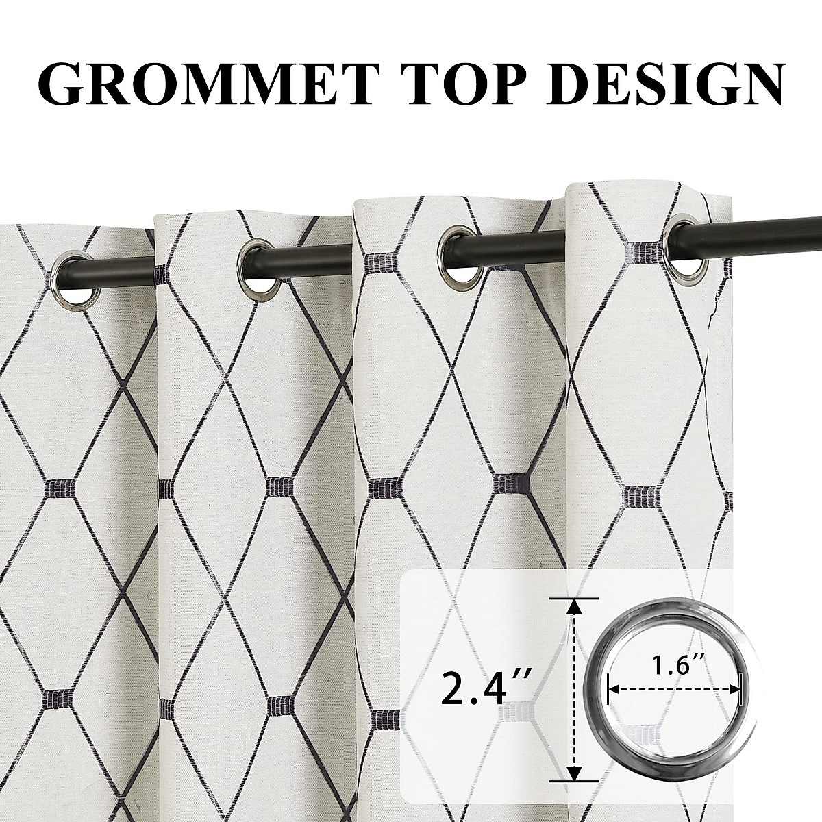 Joywell Cream Linen Textured Curtains 84 inches Long for Living Room Embroidered Farmhouse Window Curtain Grommet Drapes 2 Panels Heavy Cotton Curtains Black Checkered Pattern on Beige