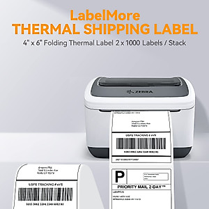LabelMore 4x6 Thermal Shipping Labels, 2000 Fanfold Thermal Printer Labels with Perforations, White Mailing Postage Labels Compatible with Rollo, Zebra Thermal Printer, Smoothly Printing