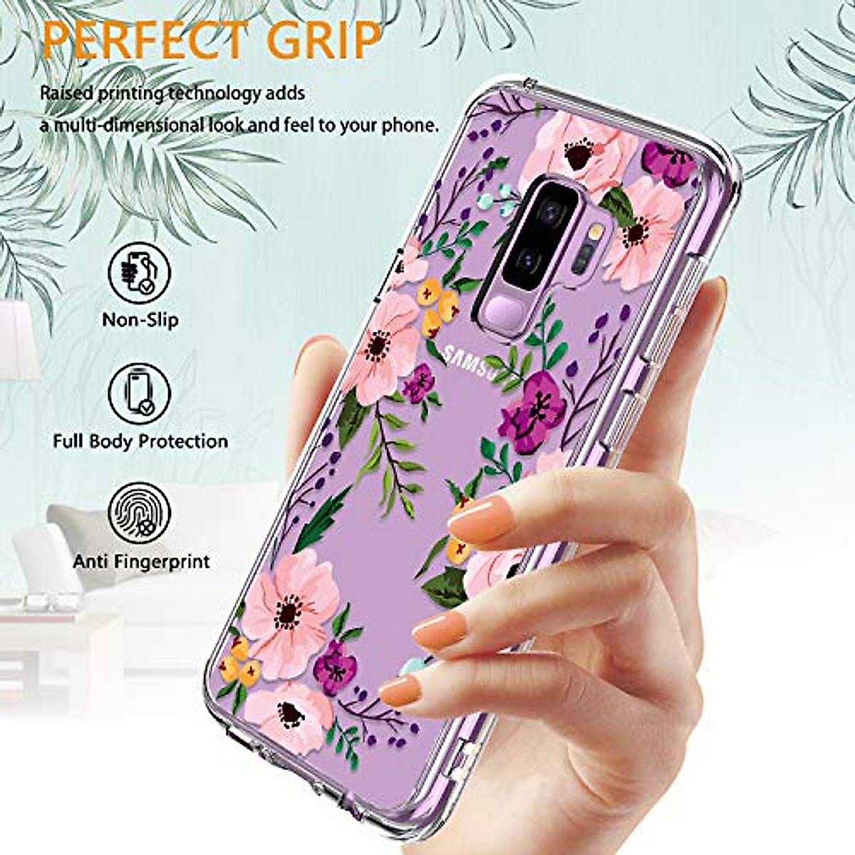 LUHOURI Samsung Galaxy S9 Plus Case Clear with Design for Girls Women,Shockproof Hard PC Cover and Soft TPU Bumper Slim Fit Protective Phone Case for Galaxy S9+ Plus 6.2 inch Purple Blossoms
