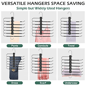 DOIOWN Pants Hangers Space Saving: 2 Pack 6 Tier Open Ended Pants Hangers for Men Women, Non Slip Black Hangers for Pants, Jean, Trouser, Scarf, Multiple Hangers in One, Closet Organizers and Storage