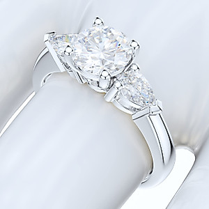 PRSTANI Sterling Silver Three Stone 1CT Simulated Round Brilliant Cut And Pearl Shape Diamond Promise Engagement Ring (7.5)