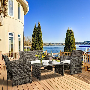 Tangkula AM0948HM Lawn Garden PE Rattan Wicker Furniture (Brown) 4 Piece Outdoor Patio Sofa Set