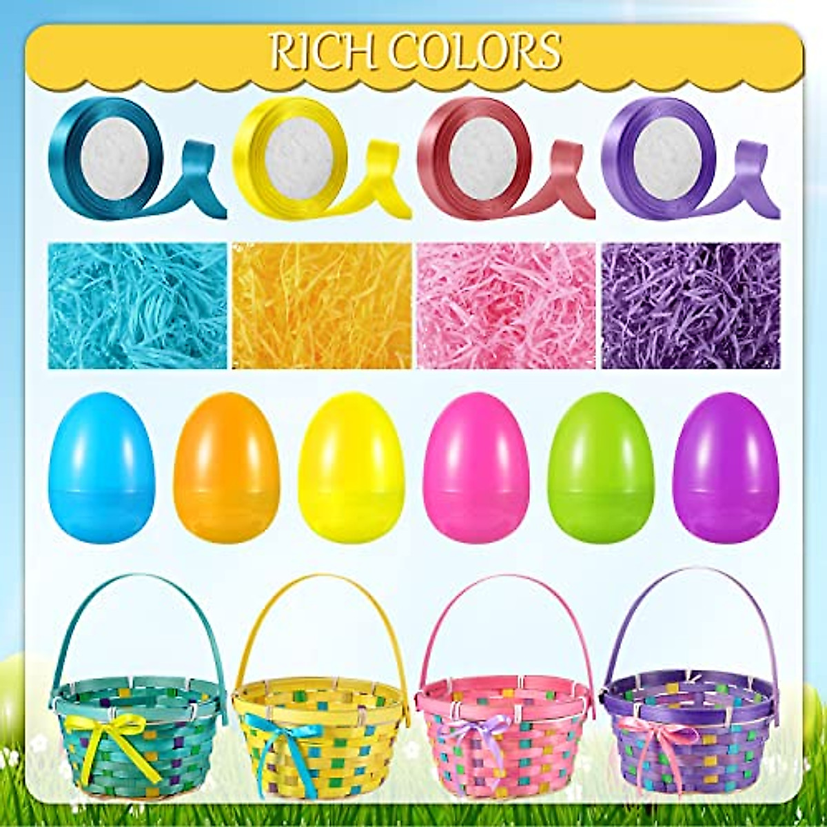 Easter Woven Bamboo Basket with Handles Sets Include Easter Round Basket, Grass Shred, Plastic Fillable Easter Eggs, Colorful Satin Ribbon, Clear Plastic Bag for Easter Party Supplies (8 Pack)