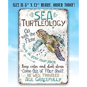 Sea Turtle Decor - Sea Turtleology - Durable Sea Turtle Gifts Metal Sign - Metal Sea Turtle Wall Decor - Sea Turtles Ocean Bathroom Decor - Great SeaTurtle Decorations for Home - Turtle Sign 8" x 12"