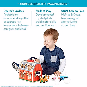 Melissa & Doug Stacking Train - Classic Wooden Toddler Toy (18 pcs) & Wooden Take-Along Sorting Barn Toy with Flip-Up Roof and Handle, 10 Wooden Farm Play Pieces