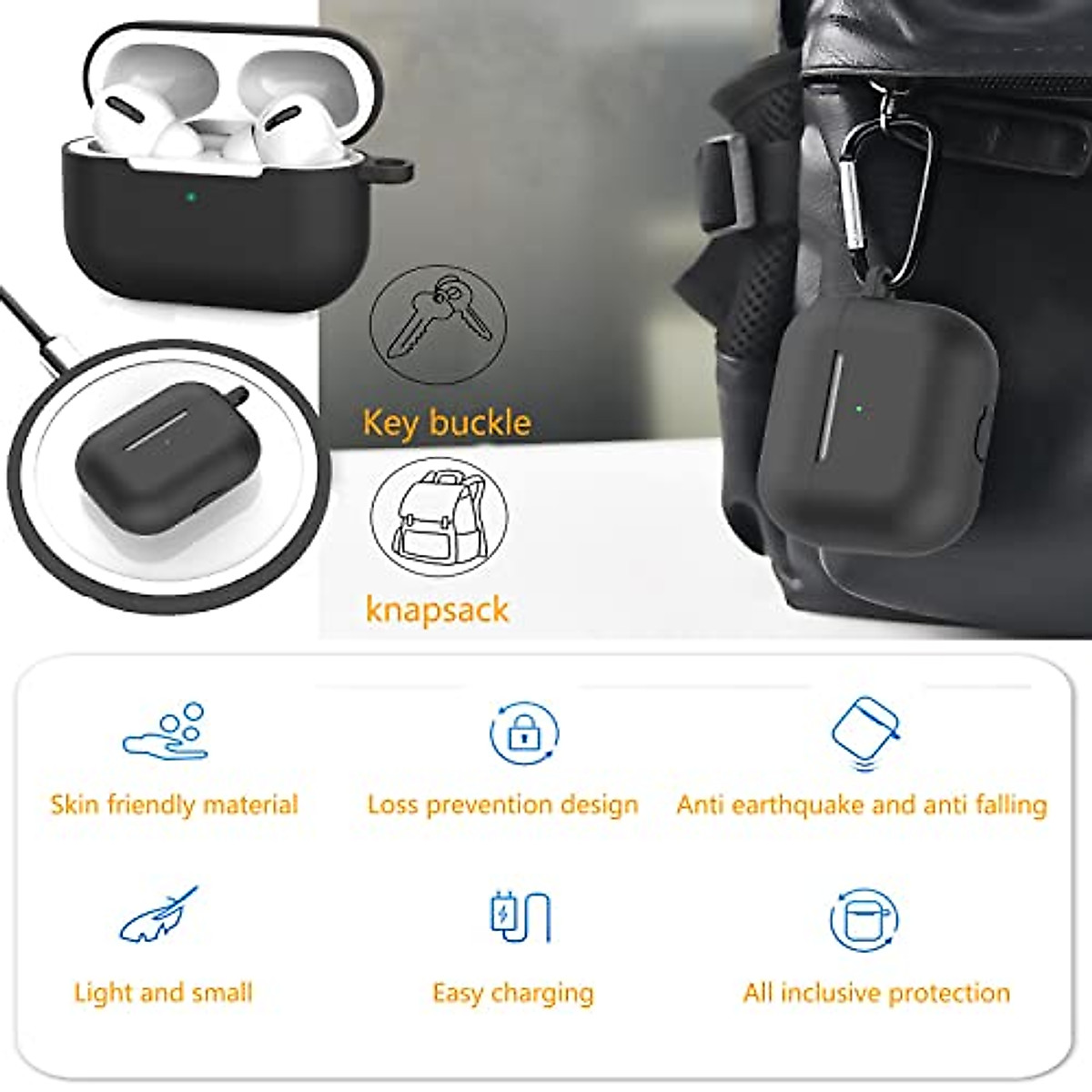 Geeice AirPods Pro Case with Cleaner kit and Replacement Ear Tips, 3 in 1 Soft Silicone Full Protective Cover with Keychain, Cleaning Pen and Noise Reduction Hole Eartips(S/M/L), Black