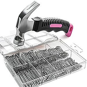 INCLY 620 PCS Small Nails for Hanging Pictures Assortment Kit with 8oz Pink Small Hammer, Mini Hammer Set with Hardware Nails Assorted Set 310 Wall Nails & 310 Finish Nails for Installing with Case