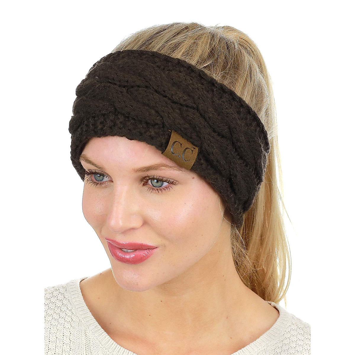 C.C Soft Stretch Winter Warm Cable Knit Fuzzy Lined Ear Warmer Headband, Brown