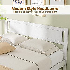 KOMFOTT Full Size Wood Platform Bed Frame with Headboard, Mid-Century Bed Frame with Wooden Slats Support & Under Bed Storage Space, No Box Spring Required Mattress Foundation (White)