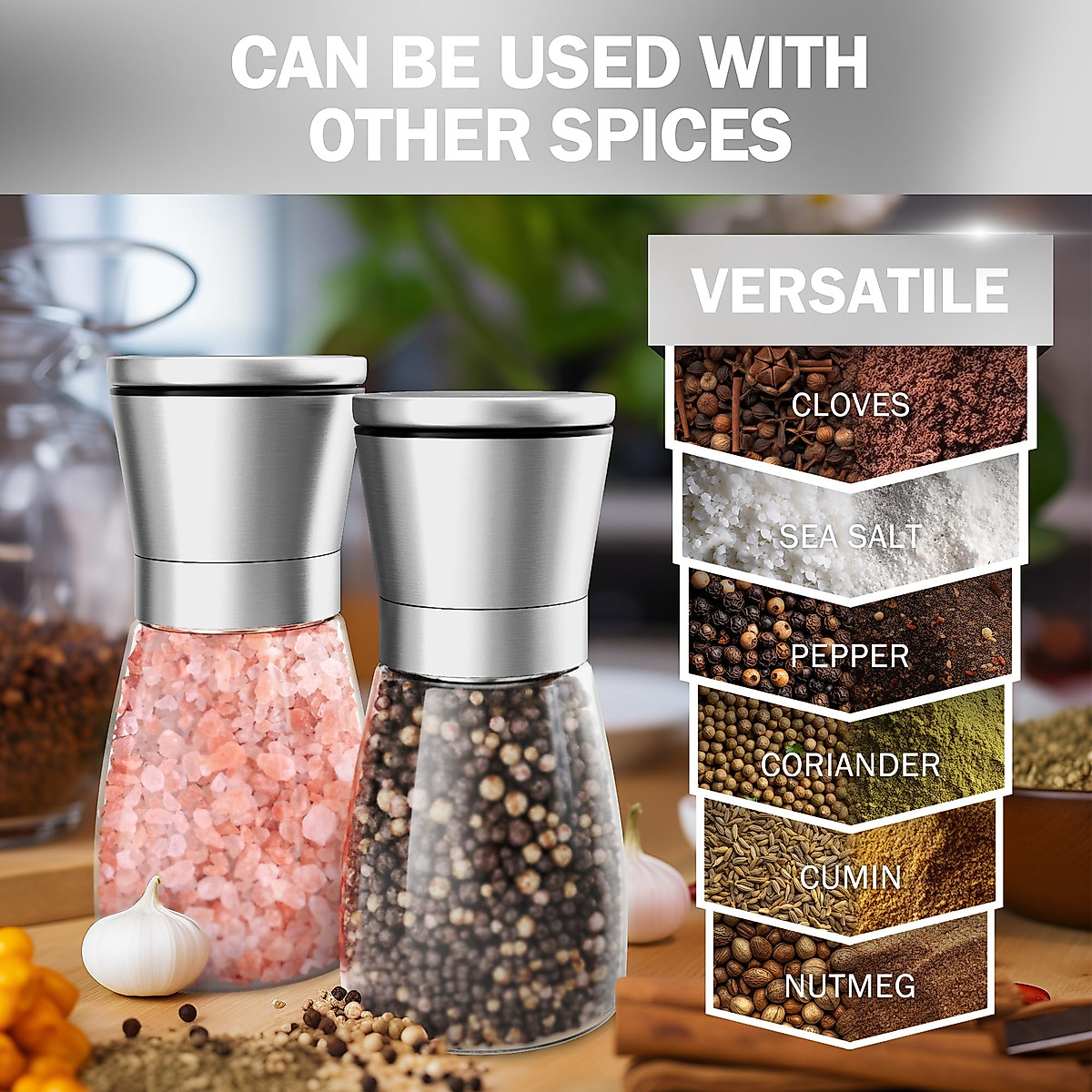 HOME EC Premium Stainless Steel Salt and Pepper Grinder Set of 2 - Adjustable Ceramic Sea Salt Grinder & Pepper Grinder - Glass Salt and Pepper Shakers - Pepper Mill & Salt Mill W/Funnel & EBook