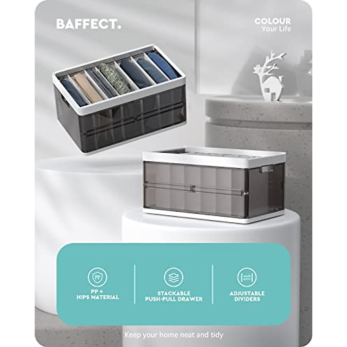 Baffect Wardrobe Clothes Organizer, Large Capacity Plastic Wardrobe Organizer with 7 Grids Adjustable Divided Interior for Closet Storage