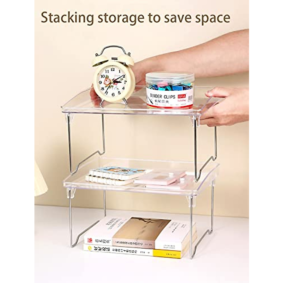 Stackable Cabinet Organizers and Storage, 2 Packs Storage Shelf Organizer Stand Racks, Stackable Shelves for Cabinets & Countertop,cupboard kitchen organization bathroom cosmetics organizer (2 PACK)