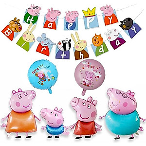 Pig Birthday Party Decorations, 1 Happy Birthday Banner 6 Large Pig Balloons Foil Balloons Table Cover - 1.8m Birthday Party Decoration Supplies