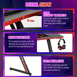 PayLessHere 47 Inch Modern Z-Shaped Gaming Desk Computer Desk for Home Office with Headphone Hook - Sturdy Workstation Table with Spacious Desktop,Red