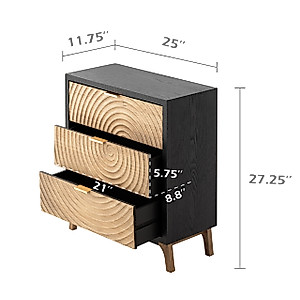 LONYKE 3-Drawer X 2P Farmhouse Dresser with Handcrafted Wood Ring Motif, Black Nightstand for Bedroom, Fully-Assembled, Morden Rustic