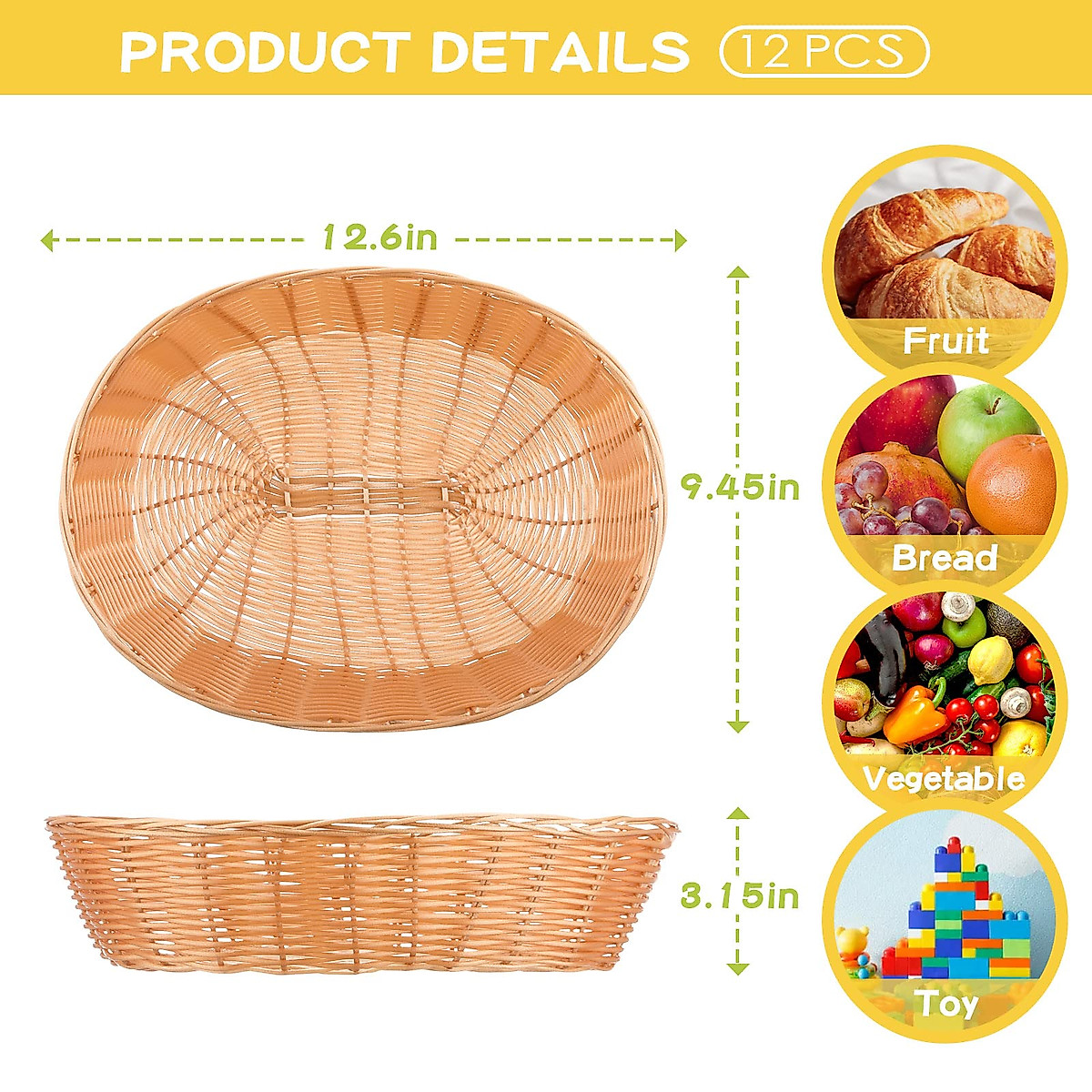 Mumufy 24 Pcs Plastic Oval Baskets Bulk 12.6 Inch Large Food Storage Basket Fruit Vegetables Woven Basket Empty Toy Gift Baskets Bread Basket for DIY Easter Basket Serving Display Home Restaurant