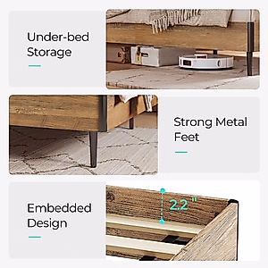LINSY Full Size Bed Frame Wood with Ergonomic Headboard, Farmhouse Bed Frame Full with Storage Shelf, 45-Min Fast Assembly Wood Bed Full, Noise-Free, No Box Spring Needed - Brown