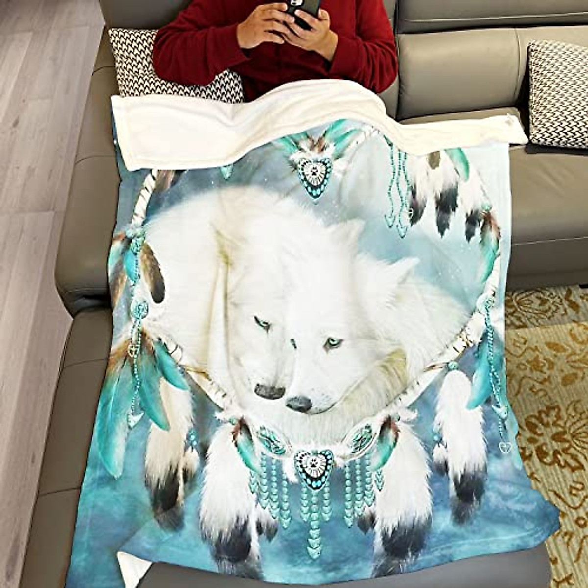 YISUMEI Wolf Dream Catcher Throw Blanket Blue Nebula White Wolf Fleece Blanket Soft Warm Cozy for Sofa Couch Bed 50"x60"