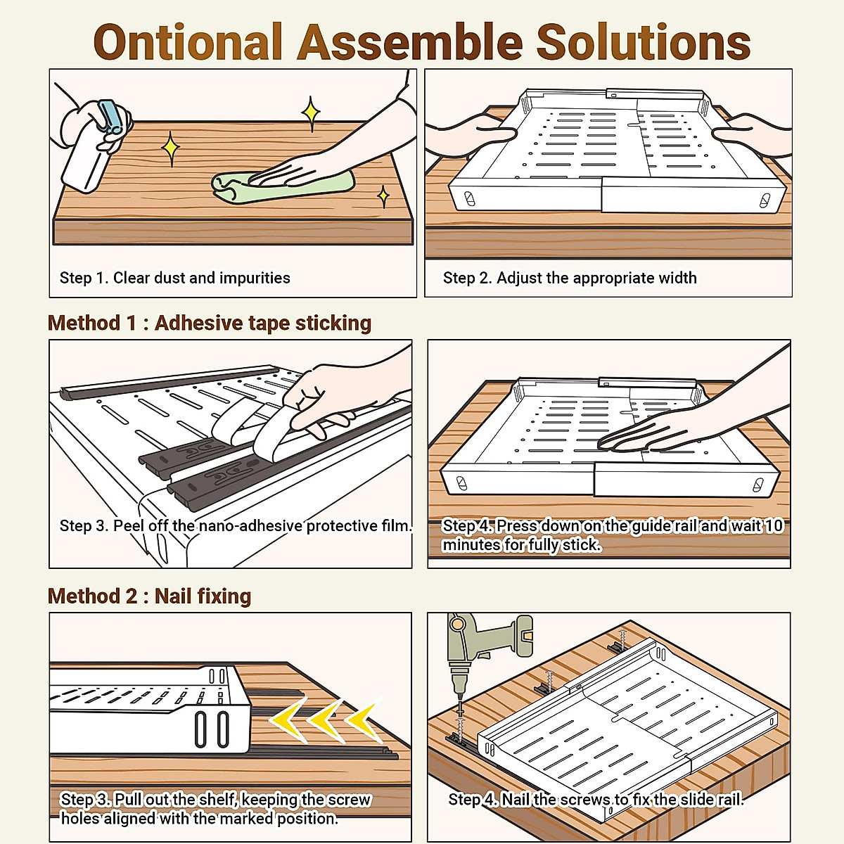 Gracenal Pull Out Cabinet Organizer, Kitchen Organizers and Storage 16.5" DEEP Expandable Width 12.5" - 19.7", Heavy Duty & 3 Trails, No-Nail Sticker Bathroom Kitchen Organization and Storage 1 Pack