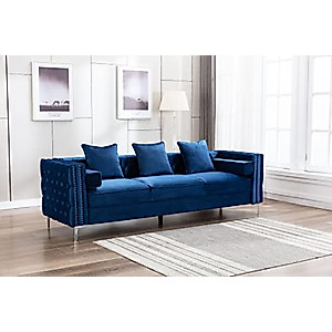 Legend Furniture Velvet Big Comfy Couch Living Room Square Arm Chesterfield 3seats Sofas, 104'', Blue