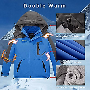MDENOVO Boy's Waterproof Ski Jacket Snow Windproof Fleece Winter Coat Hooded(Blue,10-12)