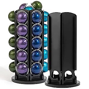 Velten Coffee Pod Carousel Holder Compatible with Nespresso Vertuo Capsules, Black Large Capacity 30 Pods Storage with 360° Rotation, Central Organizer for Sugar, Cream, or Accessories
