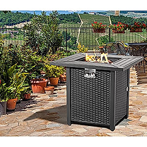 HOMPUS Outdoor Propane Fire Pit Table 28-inch 40,000 BTU Imitation Wicker Square Glass Top Fire Table with Lava Rocks,Rain Cover Gas Smokeless Fire Pit for Outside Patio,Garden,Deck,Backyard