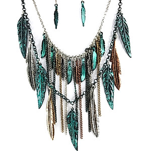 Western Peak Bohemian Tritone Tassels Metal Feathers Necklace with Earrings (Patina)