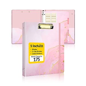 SUNEE 3 Ring Binder 1 Inch, Cute Binder with Clipboard, 2 Pockets, 5 Tab Dividers & Label Stickers, Decorative Pink Marble Heavy Duty Three Ring Binder (Fit 8.5x11 Inches) for Office Binder Supplies