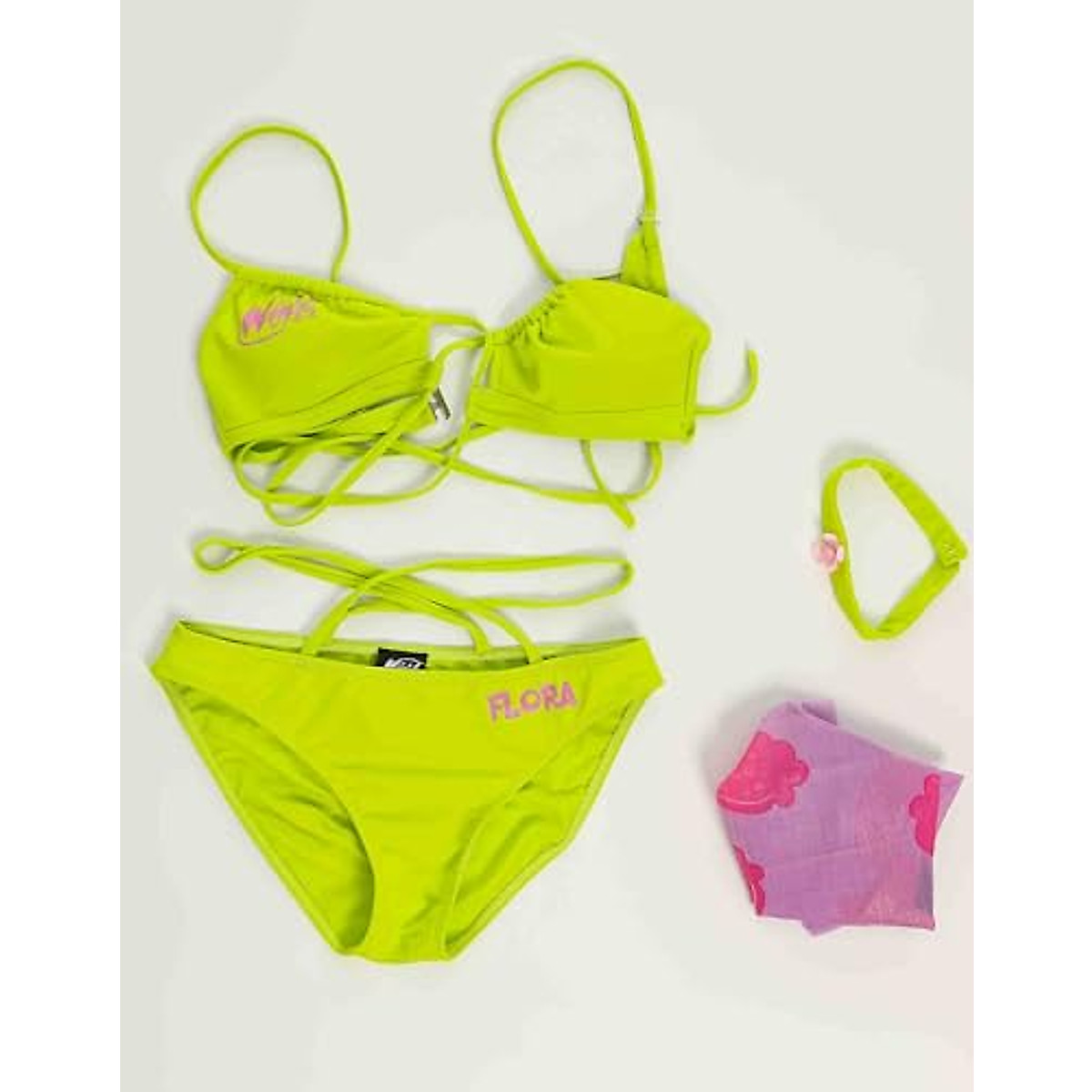 Winx Club Women's Flora Two Piece Bikini Set Swimsuit with Sarong and Choker Bathing Suit (Small) Yellow