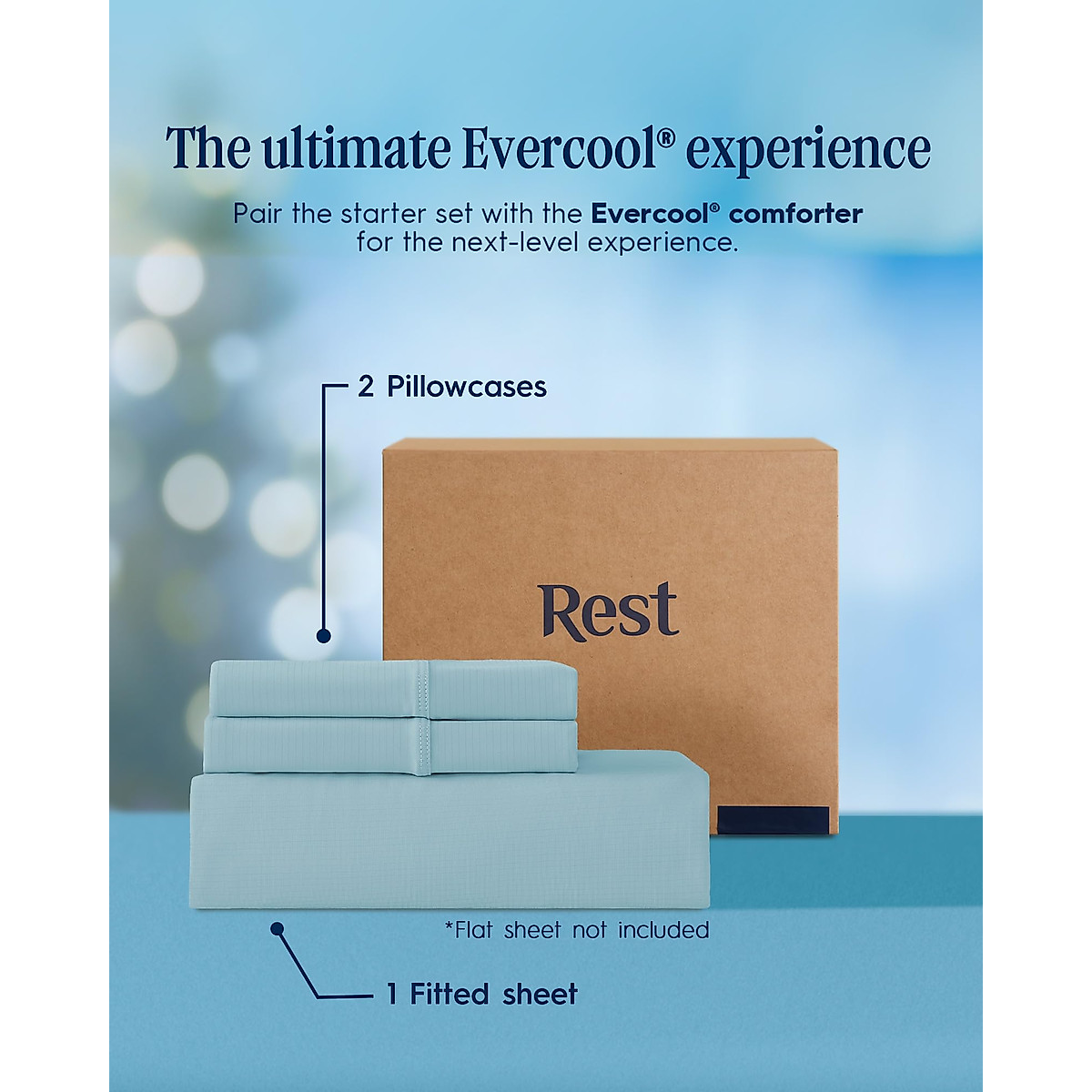 REST® Evercool®+ Starter Sheet Set, 3 PCS with No Flat Sheet, Cooling Sheets Designed for Hot Sleepers and Night Sweats, Knitted with Noble’s IONIC+ Self-Cleaning Silver Yarns, Blue, Full