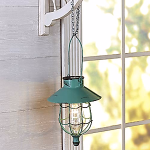 Distressed Porch Lantern - Solar-Powered Light with Vintage-Style Cage - Green