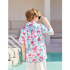 Boys Tropical Hawaiian Shirt Novelty Red Flamingo Animal Graphics Luau Shirts for Kids Button Down Short Sleeve Collar Tshirts Youth Fancy Green Leave Tops 9-10 Years Old Child Plaid Casual, Size 9-10