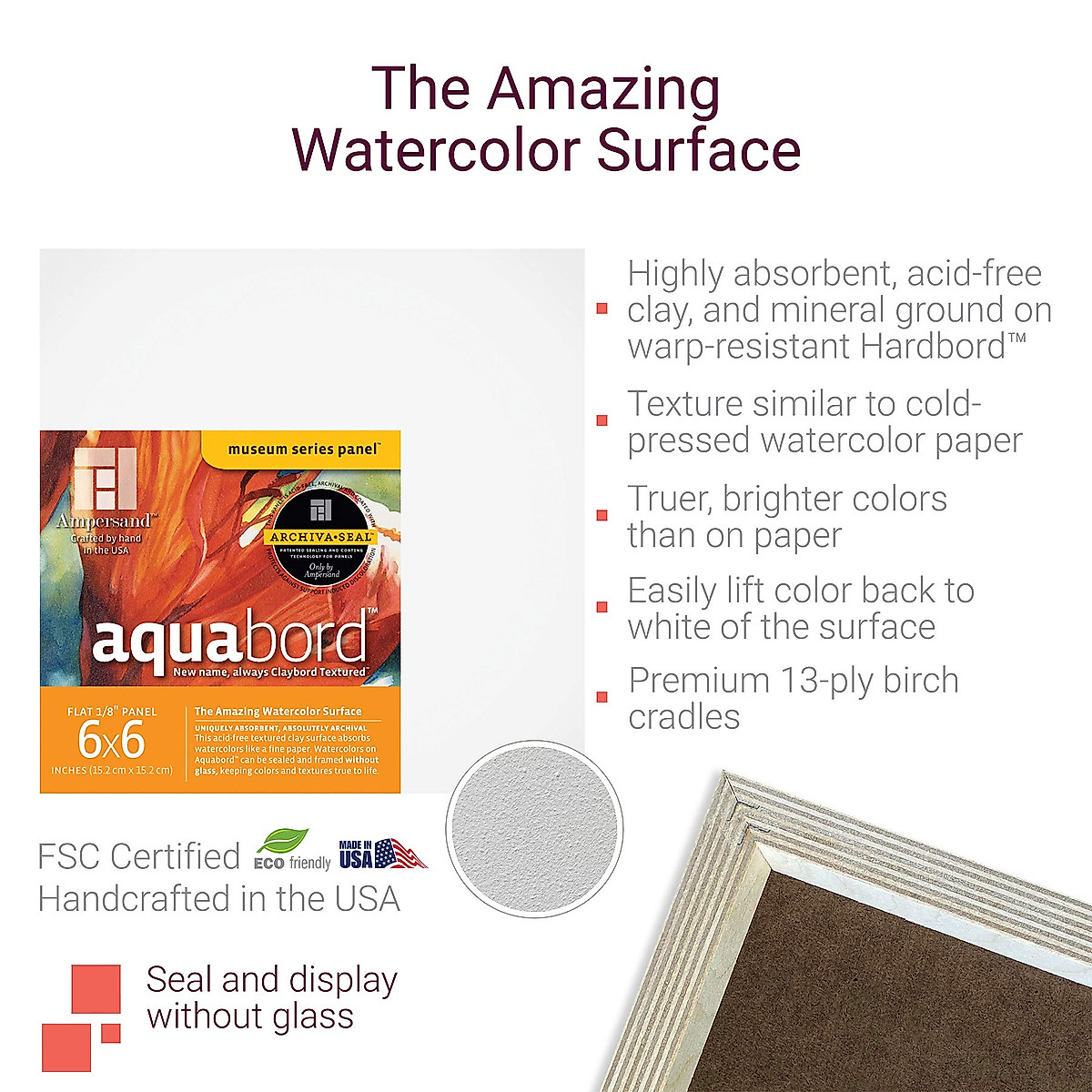 Ampersand Art Supply Watercolor Painting Panel: Museum Series Aquabord, 1/8 Inch Flat Profile, 5" x 7" - Pack of 3