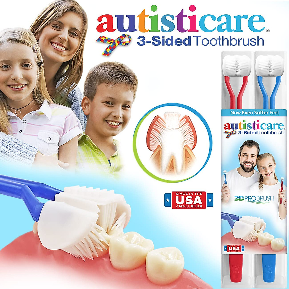 autisticare 2PK Sensory 3-Sided Toothbrush for Special Needs | New Softer Feel | Fast, Easy & Clinically Proven | Autism Spectrum Autistic Asperger Therapy Parent Caregiver Tactile Made in USA