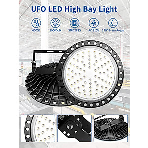6 Pack300W UFO LED High Bay Light, 30000 LM Factory Warehouse Industrial Lighting, 6000-6500K Shop Warehouse LED Lights, IP54 Waterproof, Commercial LED Bay Lighting for Garage Factory Workshop Gym