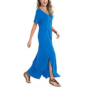 Arolina Women's Summer Maxi Dress Short Sleeve V Neck Casual Loose Long Beach Split Dresses with Pockets Acid Blue