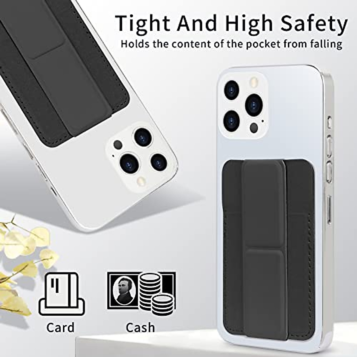 WWW Card Holder with Stand for Back of Phone,Secure Stick on Wallet,PU Leather Credit Cards Holder for Cell Phone with 3M Adhesive Sticker for Smart Phones,Black