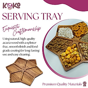 Koko Acacia Wood Serving Platter – Carved Wood Serving Tray – Rustic Platters for Serving Food, Cheese, Desserts - Wood Divided Tray - Fruit Tray, Veggie Tray, Snack Tray, Thanksgiving (14 x 10)