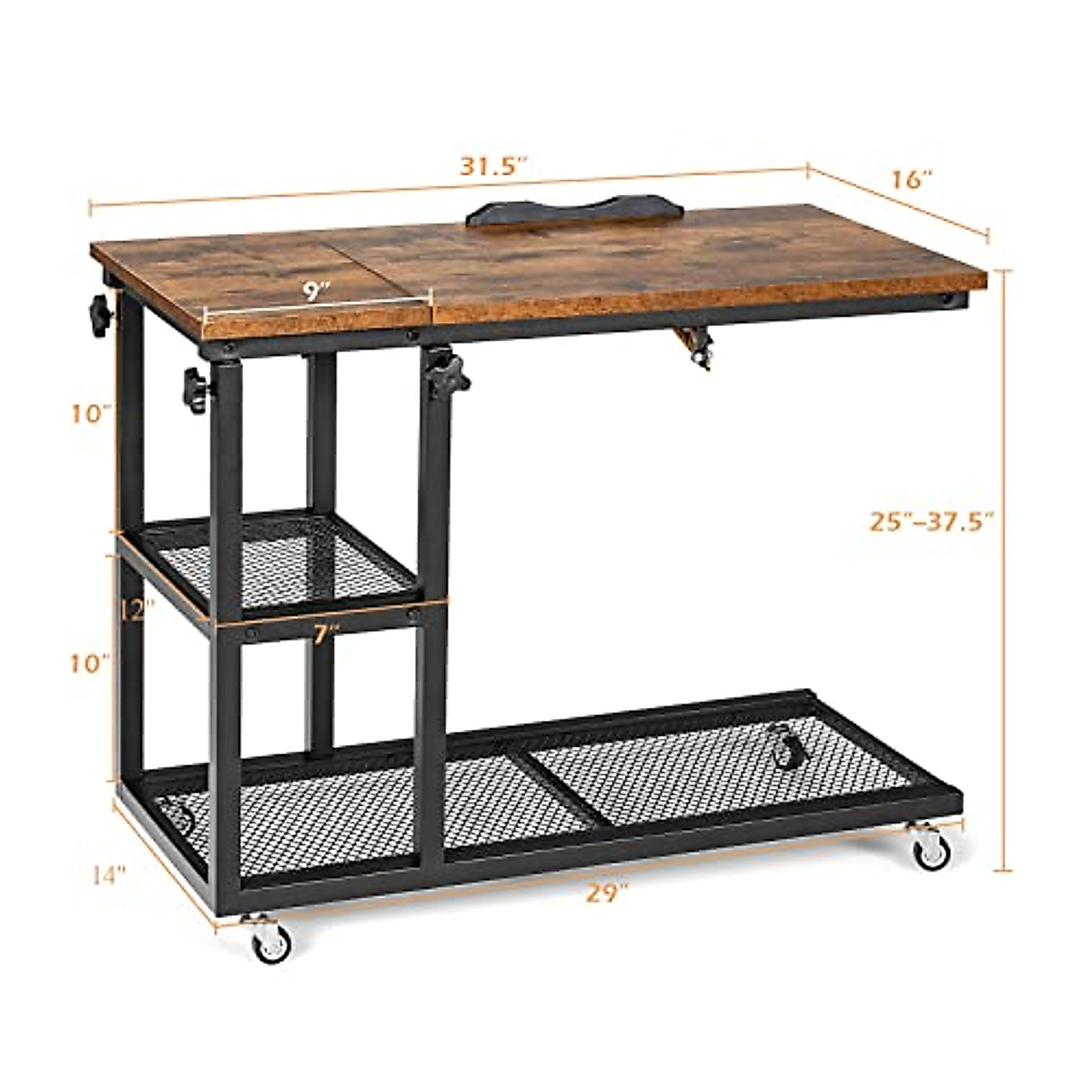 Tangkula Height Adjustable C Shaped End Table with Lockable Wheels, Mobile Couch Desk Table with Tiltable Table Top, Sofa Bedside Laptop Stand TV Tray with Storage Shelves, Snack Side Table
