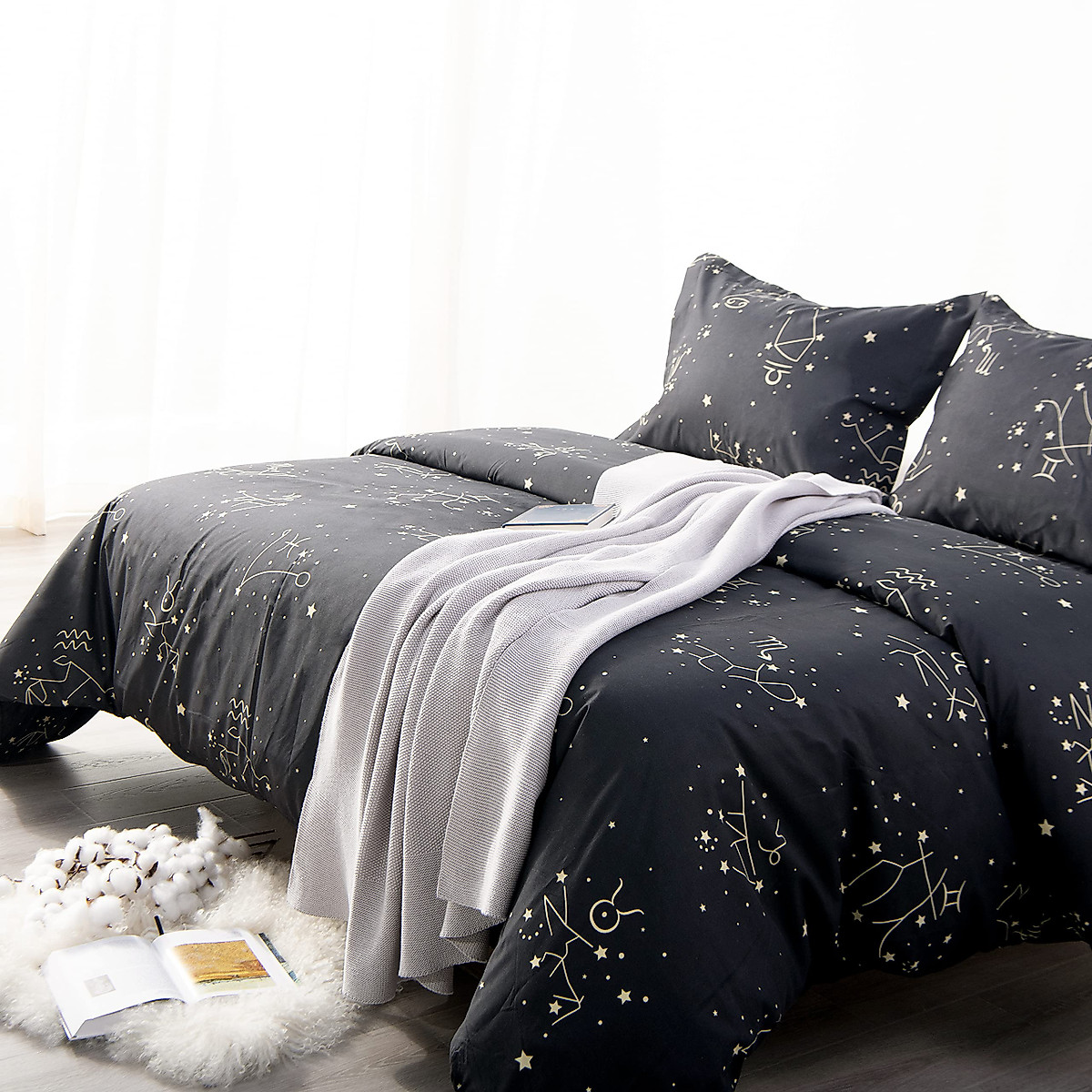 NTBAY Microfiber Queen Duvet Cover Set, 3 Pieces Ultra Soft Constellation Printed Comforter Cover Set with Zipper Closure and Corner Ties, Black