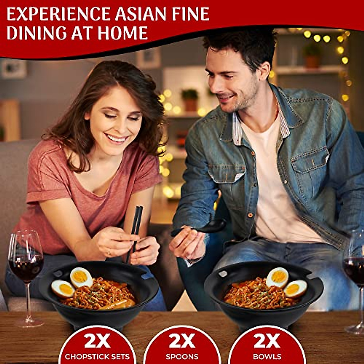 ELLISSIO Ramen Bowl Set - 2 Large Japanese Style Noodle Bowls With 2 Spoons & 2 Sets of Chopsticks For Ramen, Pho and Udon Soup - Black Melamine - Best For Authentic Asian Dining Experience At Home