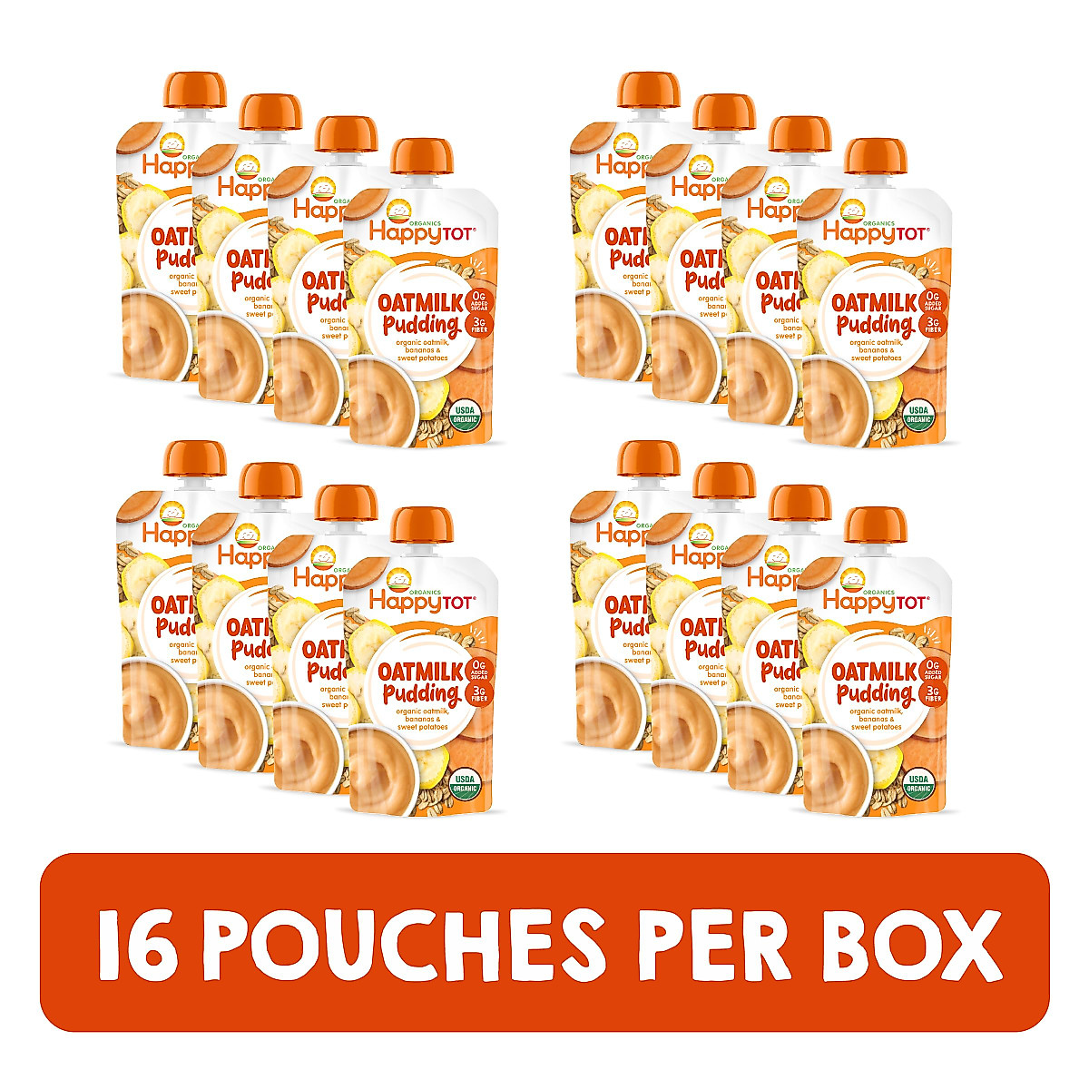 Happy Tot Organics Oatmilk Pudding, Dairy-Free, Stage 4 Toddler Snack, Oatmilk, Bananas & Sweet Potatoes, 4 Ounce Pouch, Pack of 16