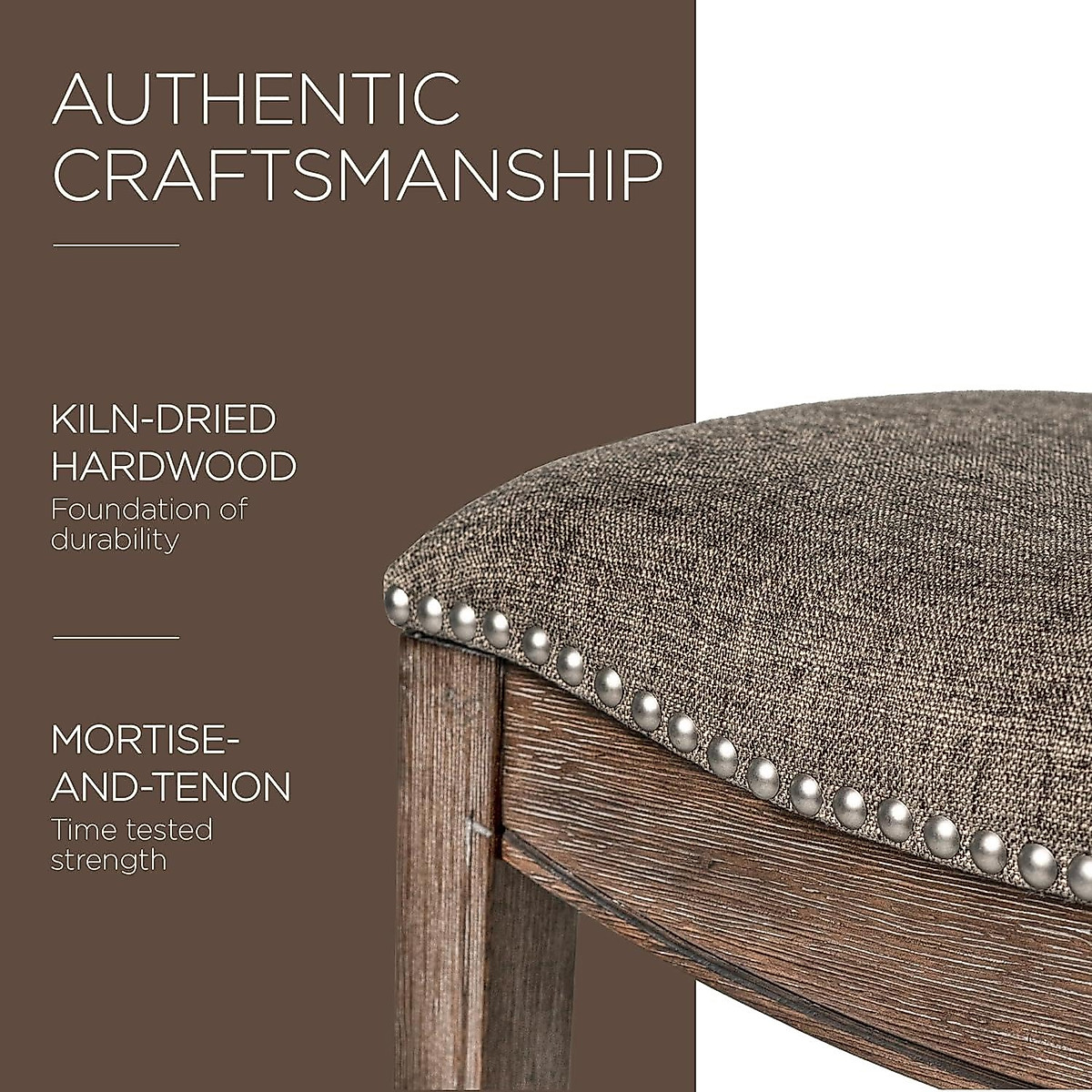 Maven Lane Adrien 31 Inch Bar Height Upholstered Backless Saddle Barstool in Dark Walnut Finish with Ash Grey Fabric Cushion Seat