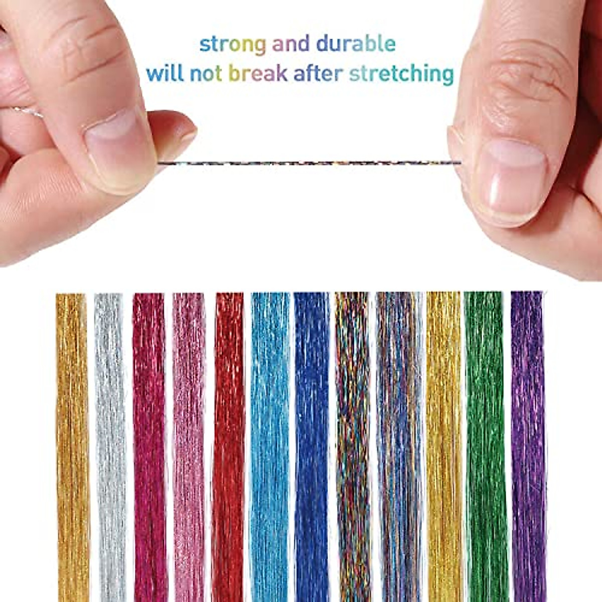 Hair Tinsel Kit with Tools 12 Colors 2400 Strands Hair Tinsel Heat Resistant Tinsel Hair Extensions Sparkling Colorful Fairy Hair Shiny Glitter Hair Extensions for Women Girl Kids 47Inch
