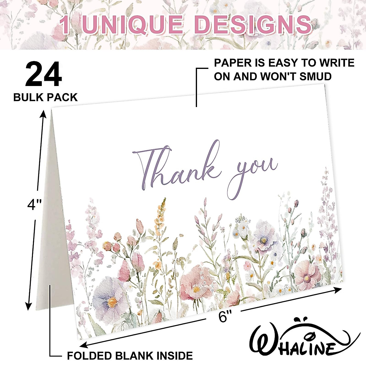 Whaline 24Pcs Wildflower Thank You Cards Bulk Watercolor Pink Flower Greeting Cards with Envelope Sticker Floral Blank Note Cards for Birthday Wedding Baby Shower Bridal Shower, 4 x 6 Inch