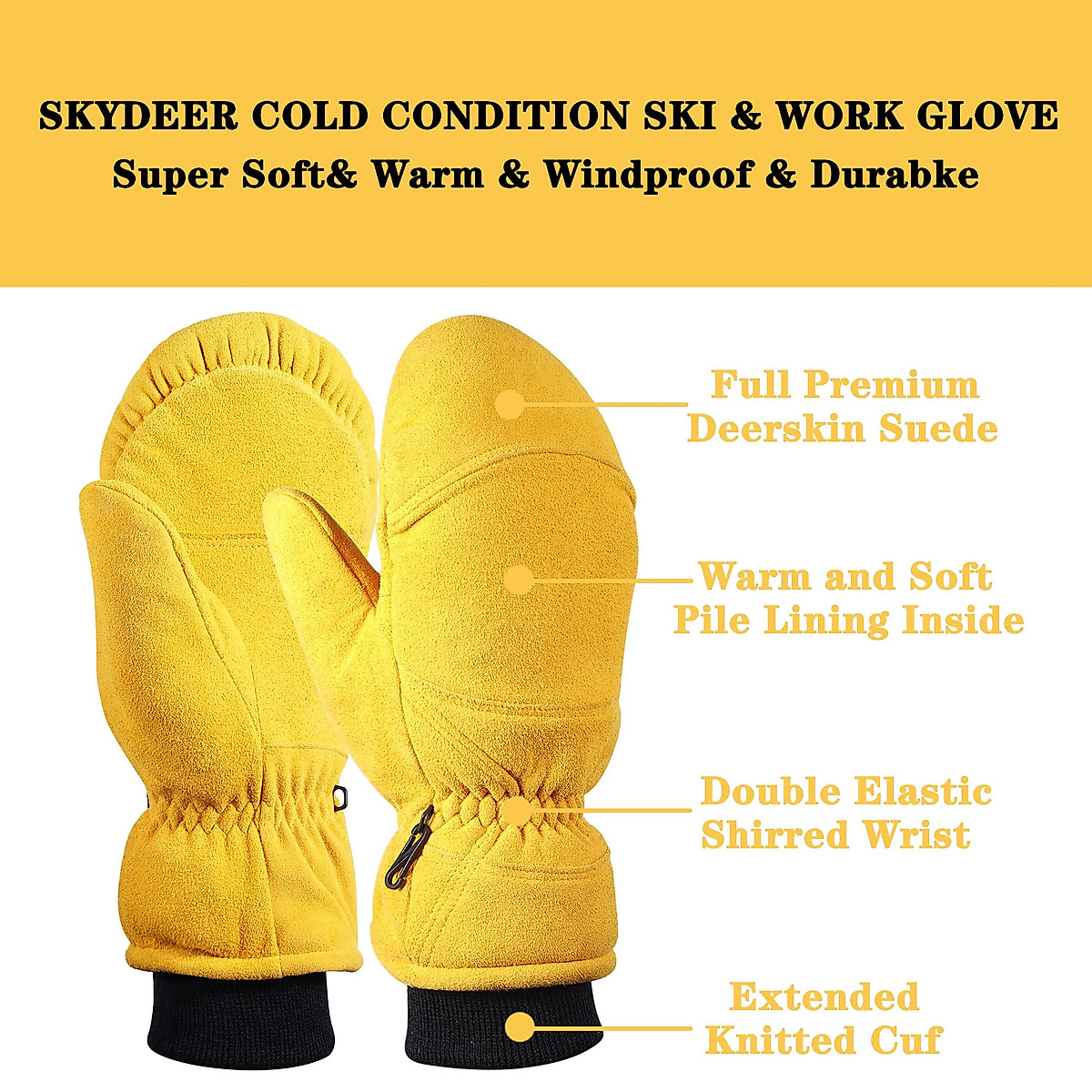 SKYDEER Full Genuine Deerskin Suede Leather Mittens with Pile Lining, Winter Gloves for Cold Weather Work and Ski (SD8677M/XL)